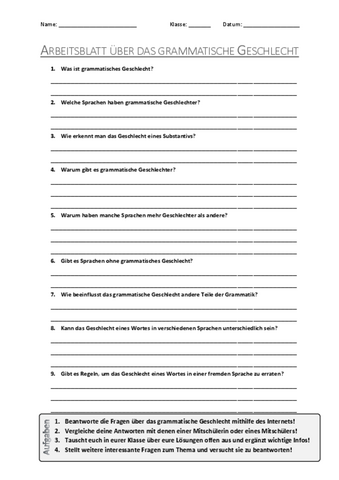 Arbeitsblatt zum Thema "Grammatisches Geschlecht" | Unterricht.Schule